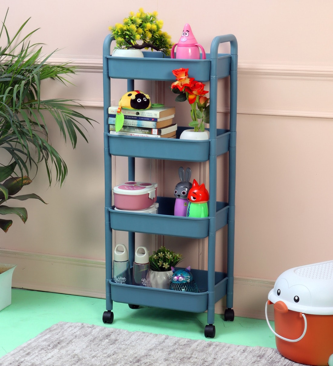 Buy 4 Layer Plastic Kitchen Trolley Rack With Caster Wheels In Blue ...