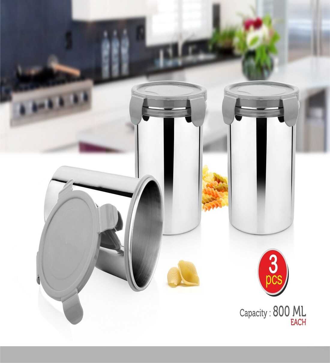 Buy 800ml Grey Plastic & Stainless Steel (Set of 3) Clip Lock Canister ...
