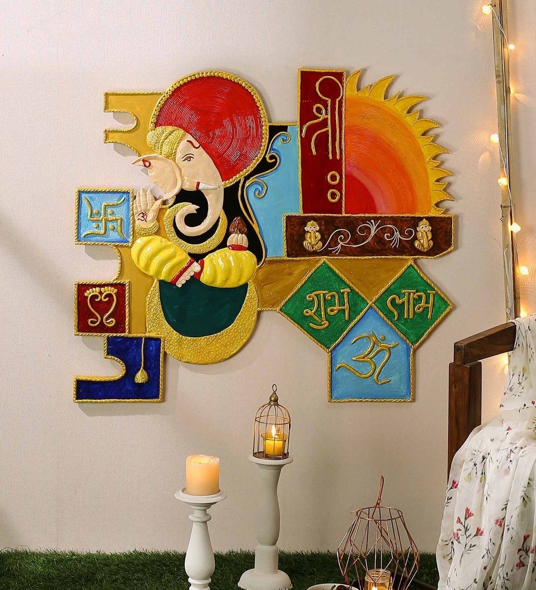 Buy Wood 31 x 1 x 35 Inch Handcrafted Ganesha Shubh Labh Om Swastik Sun ...