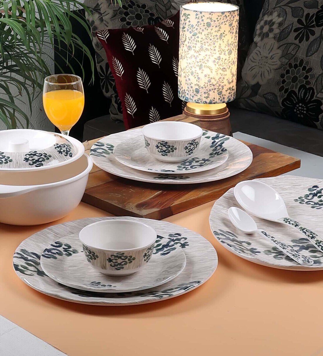 Buy Abstract Floral 40 Pcs White & Grey Melamine Dinnerware Set at 29% ...