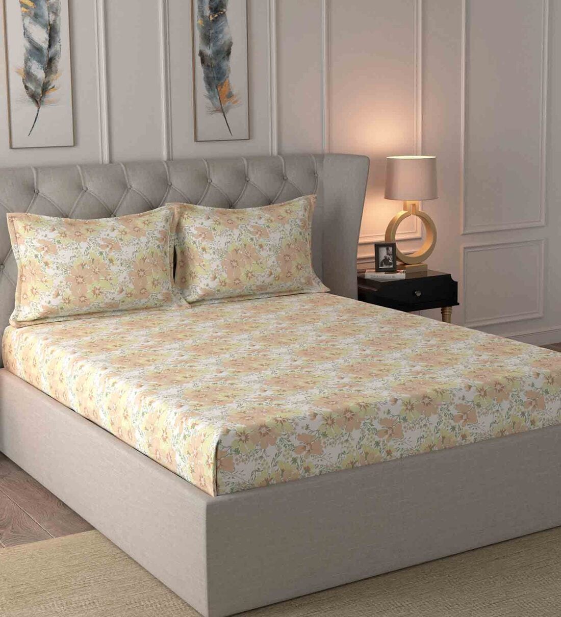 Buy Orange Floral 210 TC Cotton Queen Sized Bed Sheets with 2 Pillow ...