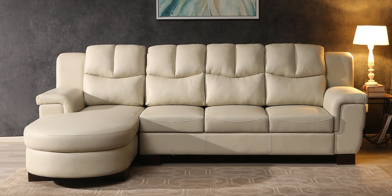 Buy Agropoli Leatherette RHS Sectional Sofa (3 + Lounger) in Cream ...