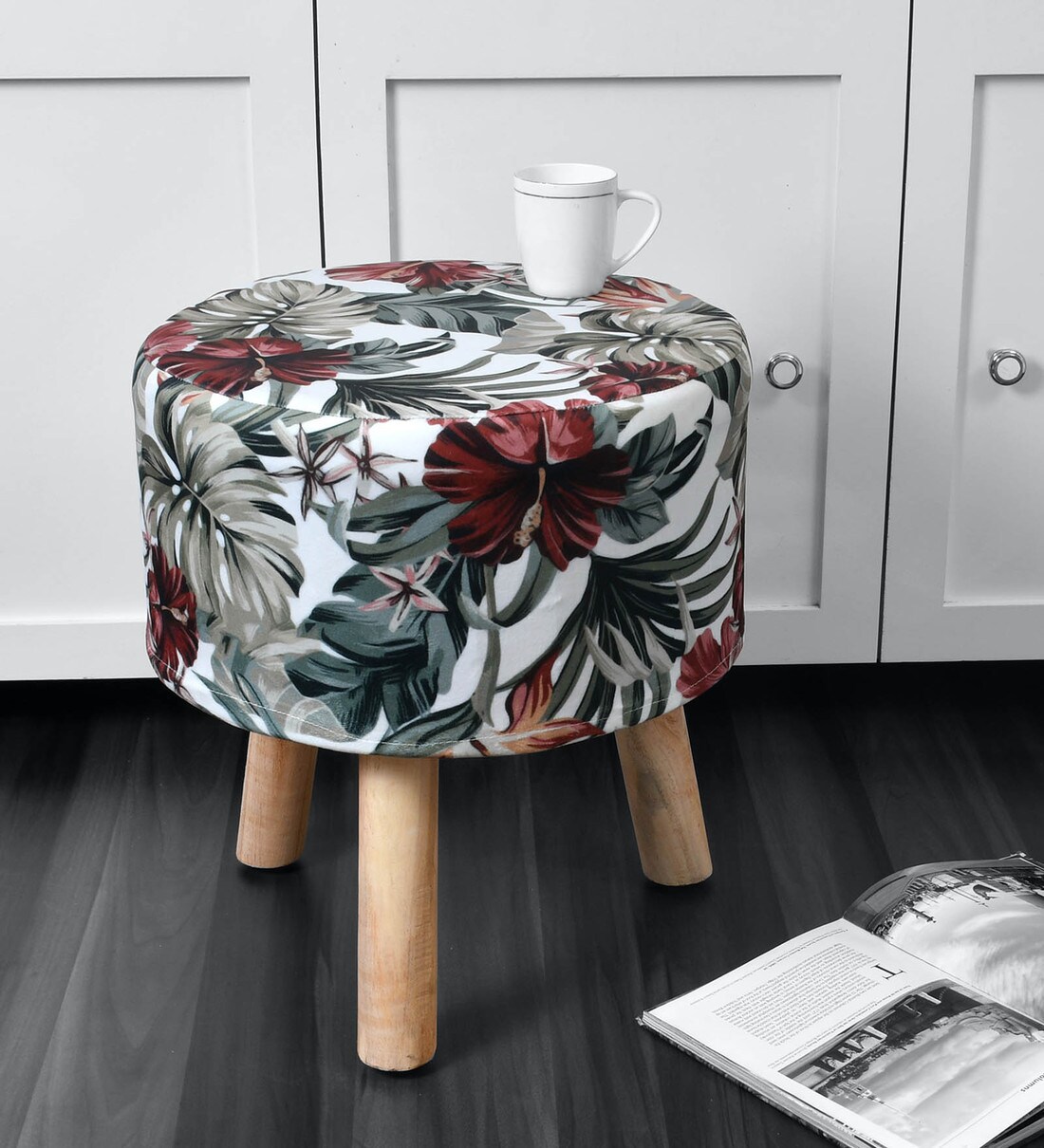 Buy Alexis Flower Printed Fabric Seating Stool in Multi Colour Online ...