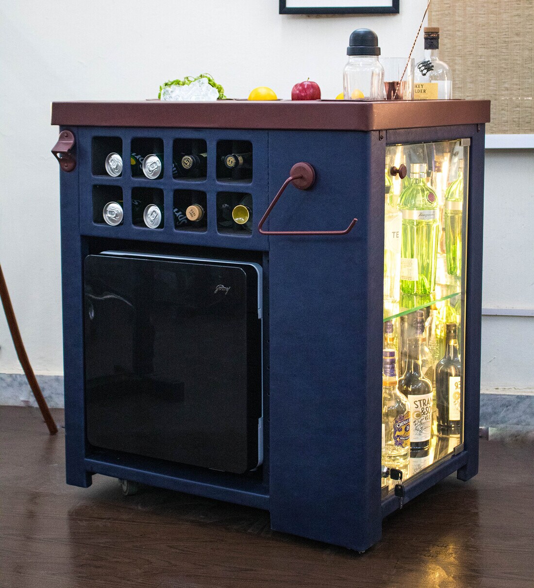 Buy Model X All-In-One Metal Bar Cabinet in Leather Blue Finish With Built-In 30L Godrej Qube ...