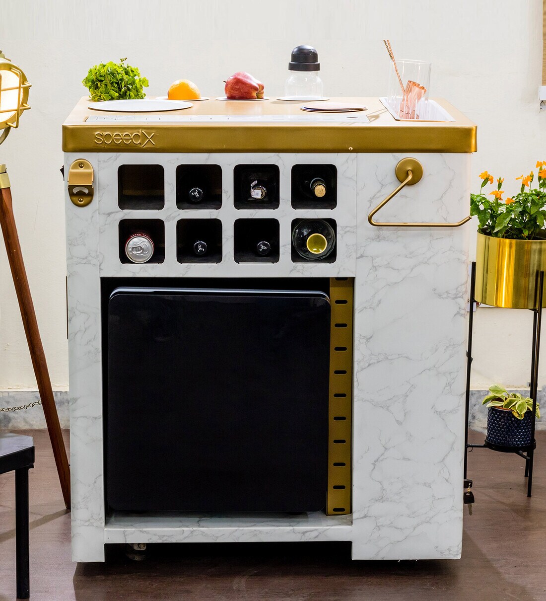 Buy Model X All-In-One Metal Bar Cabinet in Satvario Marble & Gold Finish With Built-In 30L ...
