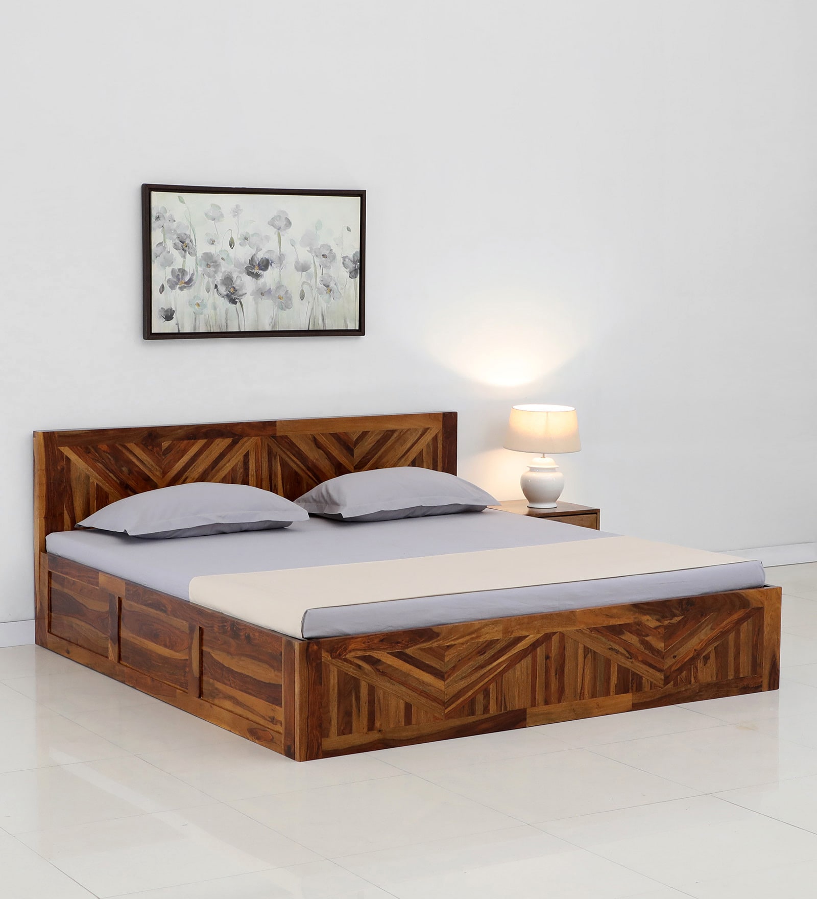 Buy Alpha Sheesham Wood King Size Bed With Box Storage in Light Honey ...