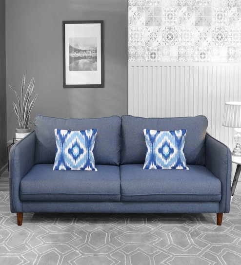 Buy Amelio Velvet 3 Seater Sofa In Denim Blue Colour Online - Lawson ...