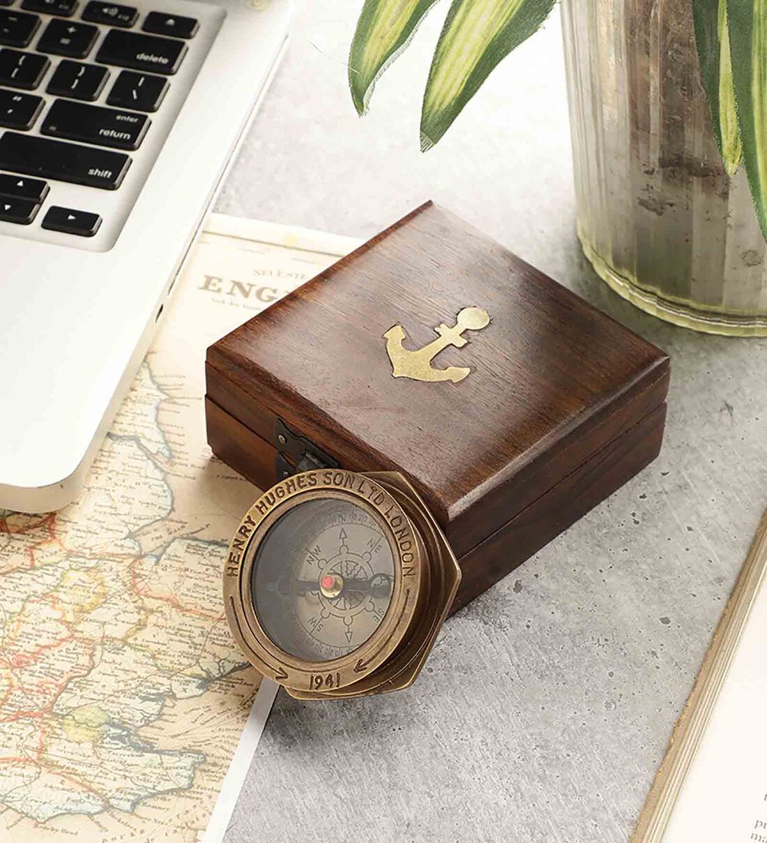 Buy Antique Brass Henry Hughes Six Corner Compass Showpiece With Wooden ...