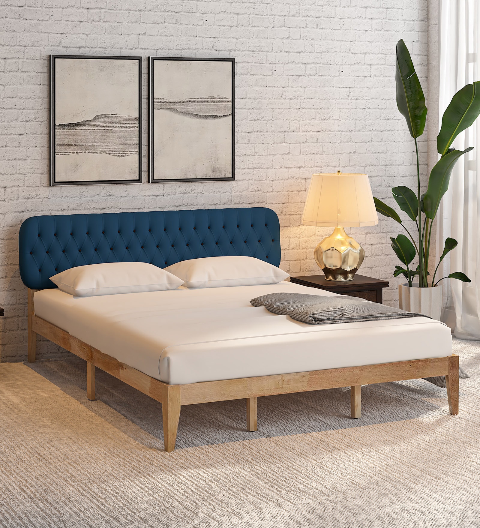 Buy Arsenio Upholstered Queen Size Bed In Natural & Teal Blue Colour at ...