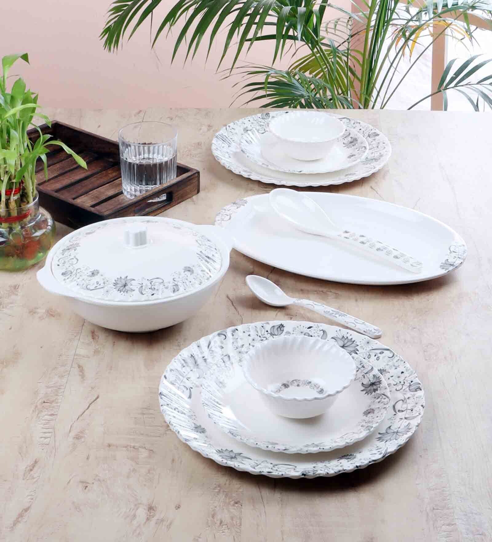 Buy Floral Prints 40 Pcs White & Grey Melamine Dinnerware Set at 29% ...