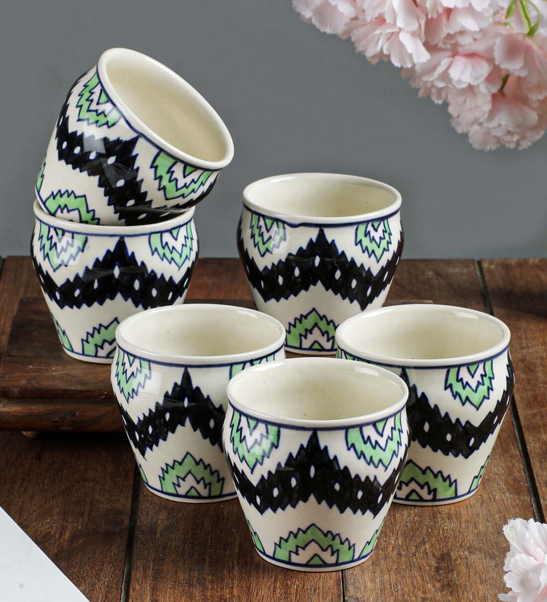 Buy Aztec 170ml White & Green Ceramic (Set of 6) Tea Khullad Online ...