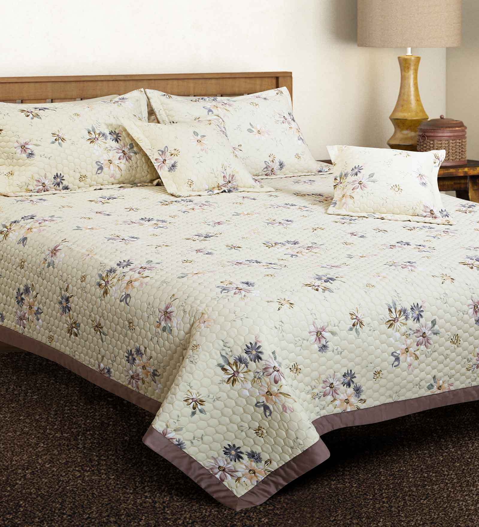 Buy Beige Floral 250 TC Cotton Quilted Double Bed Cover with 2 Pillow ...