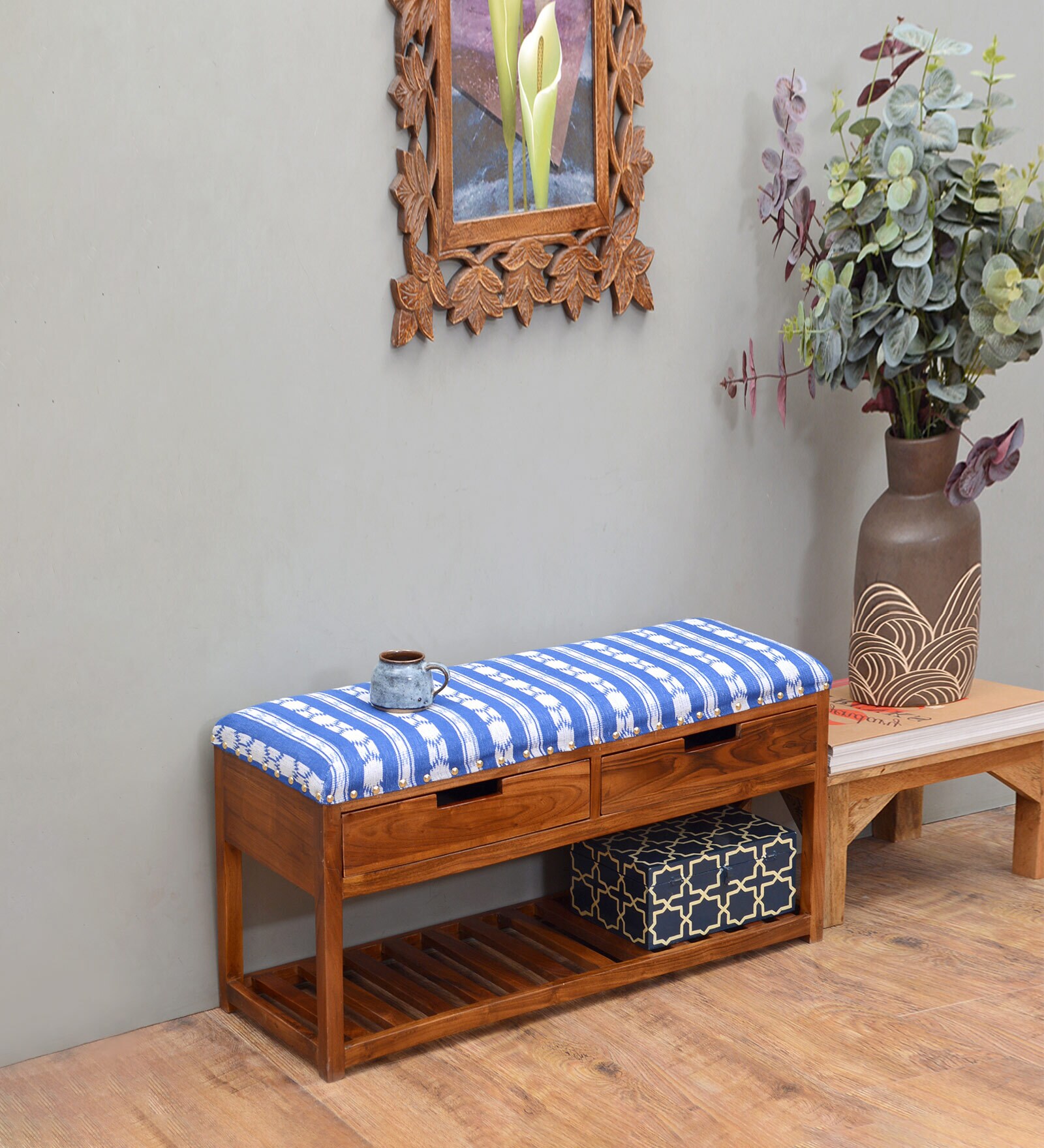 Buy Bench Solid Wood Bench in Blue & White Colour with Storage at 19% ...