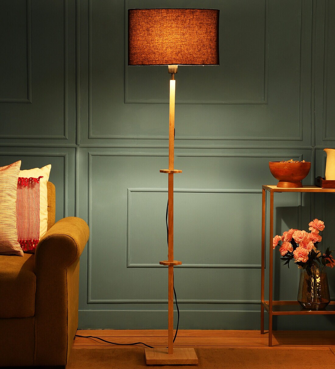Buy Lavery Black Fabric Shade Club Floor Lamp With Wood Base By Sanded ...