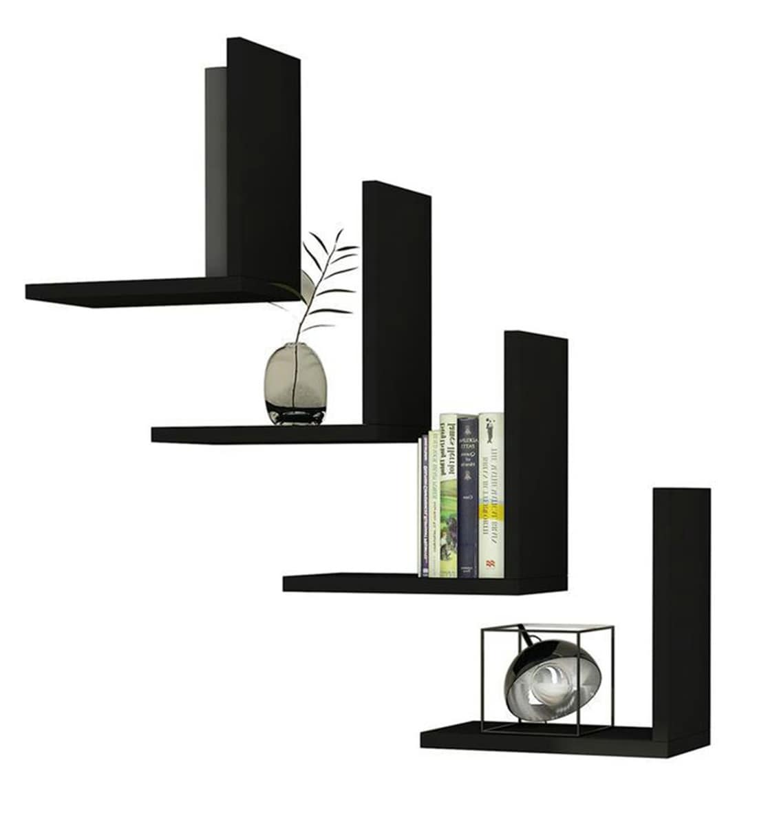 Buy Set of 4 Engineered Wood L Shaped Floating Wall Shelf in Black ...