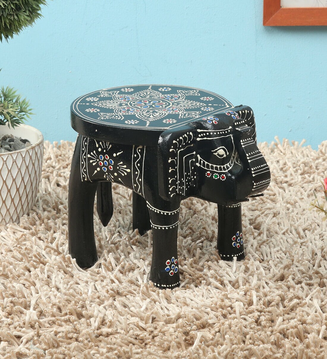 Buy Black Wooden Handpainted Elephant Stool by SA Handicraft Online ...