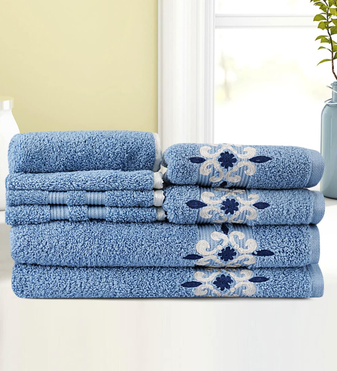 Buy Blue Cotton Patterned 500 GSM Towel Set 8 Pieces by Lush & Beyond ...