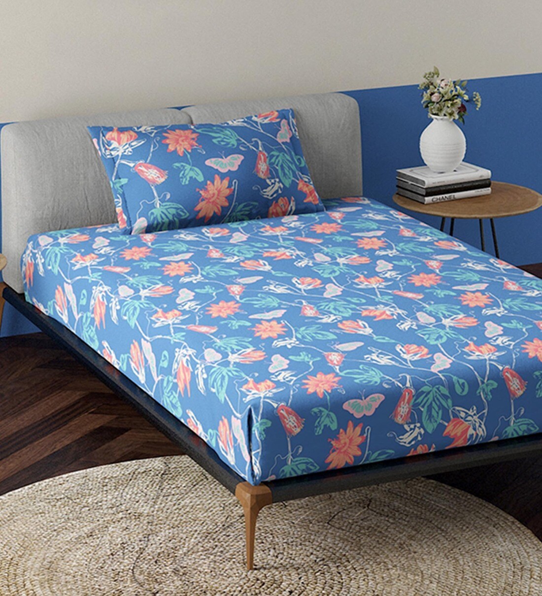 Buy Blue Floral 144 TC 100% Cotton Single Bed Sized Bed Sheets With 1 ...