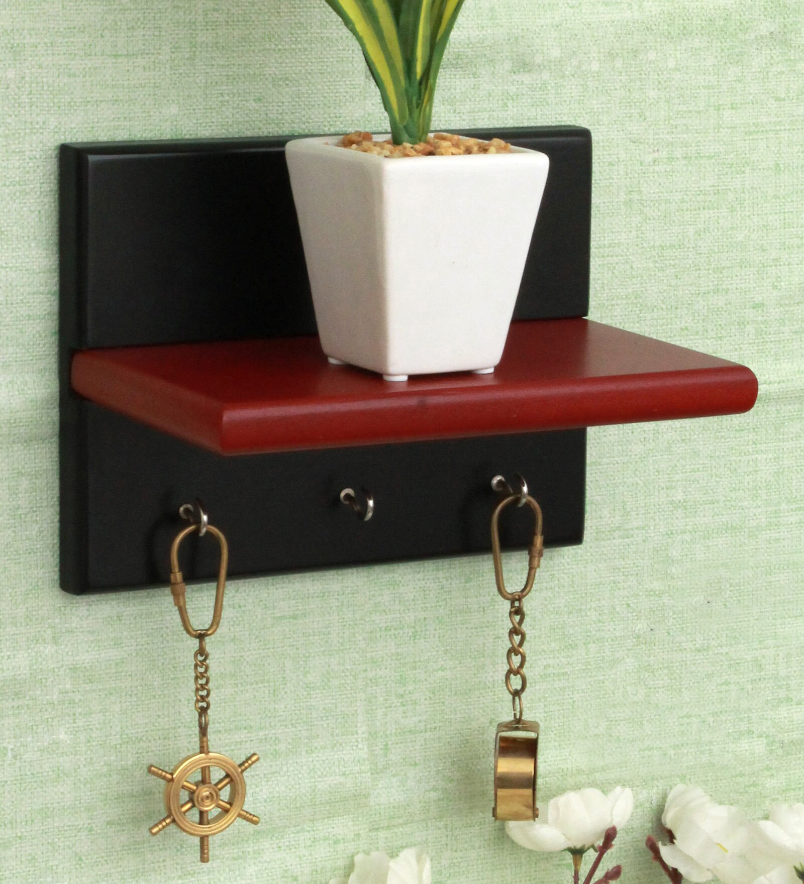 Buy Engineered Wood Floating Wall Shelf with Key Holder in Black colour ...
