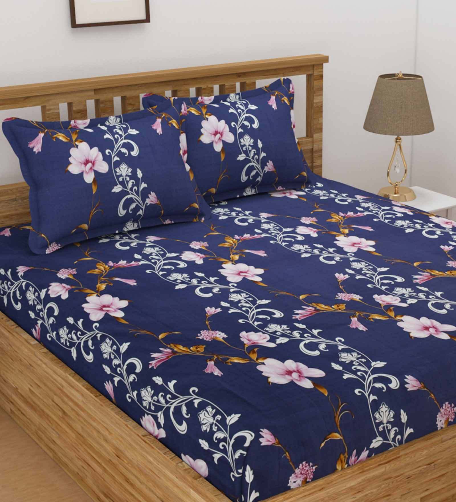 Buy Blue Floral 160 TC Poly Cotton Single Bed Sized Bed Sheets With 1 ...