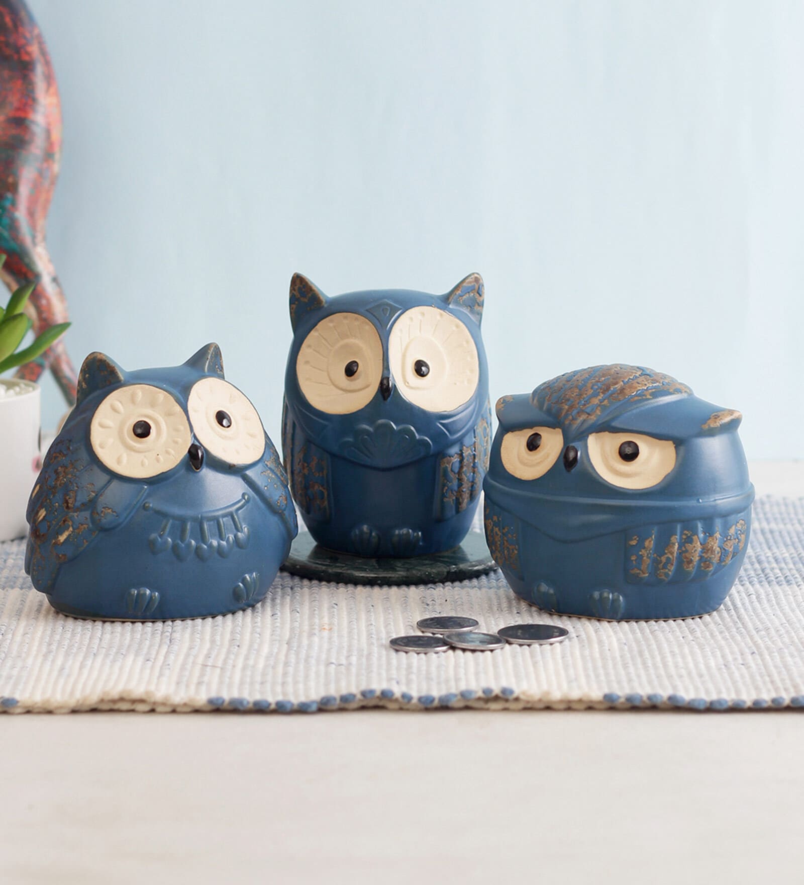 Buy Blue Ceramic Off-White Ceramic Owl Bird Figurine, 3 Pieces by ...