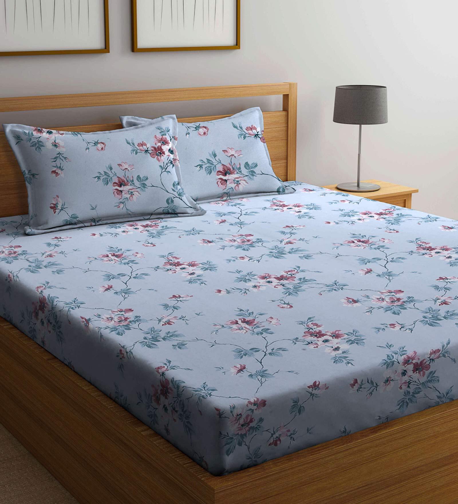 Buy Blue Floral 300 TC Cotton Queen Sized Fitted Bed Sheets with 2 ...
