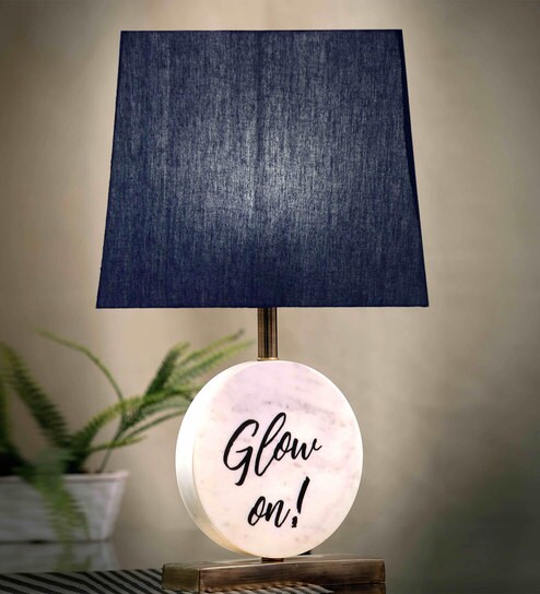 Buy Grey Fabric Shade Marble Table LED Lamp With Antique Brass Base By ...