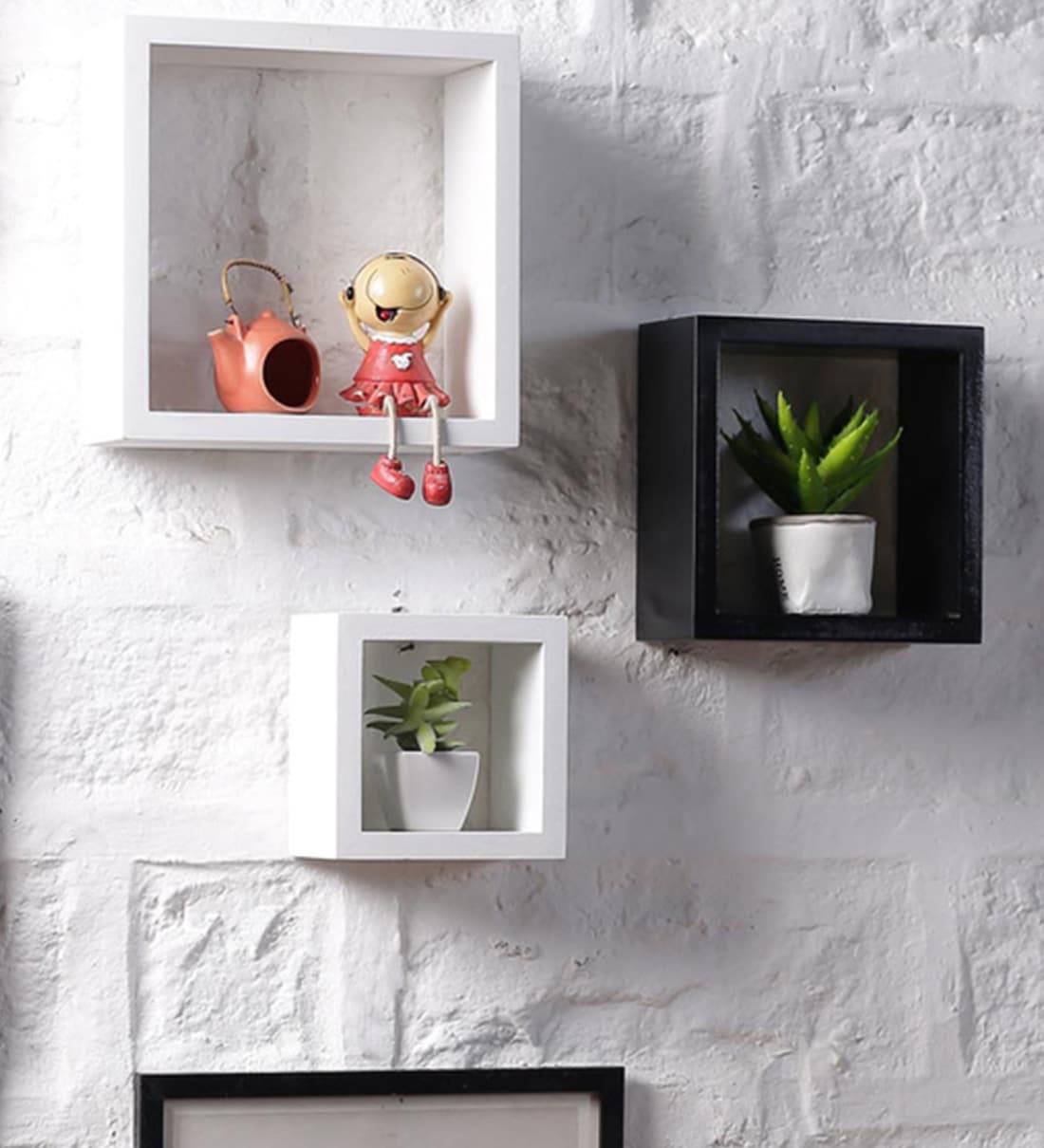 Buy Set Of 3 Engineered Wood Square Wall Shelf In Black & White Colour ...