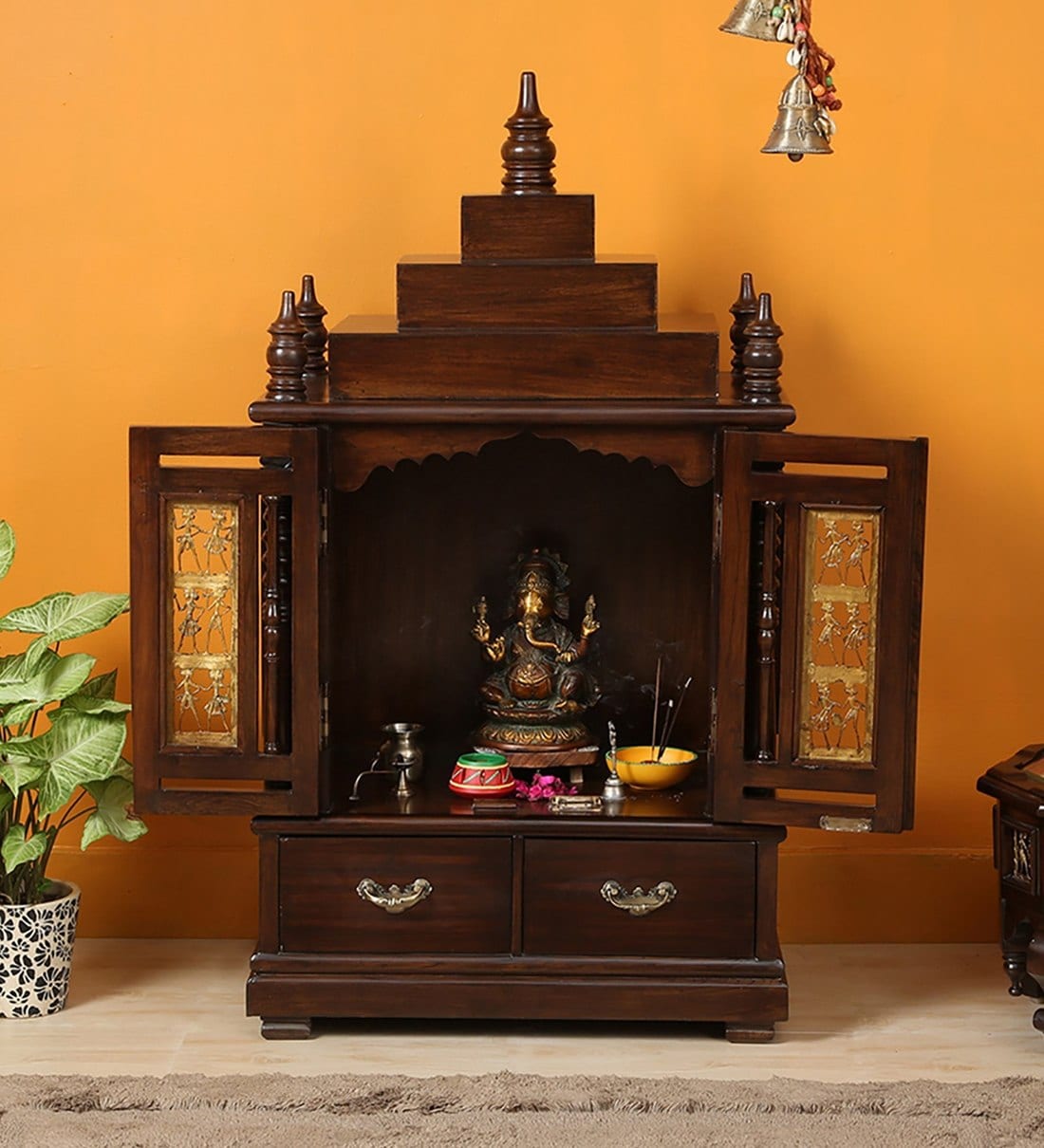 Buy Brown Teak Wood Handcrafted Mandir with Dhokra Brass Frame by ...