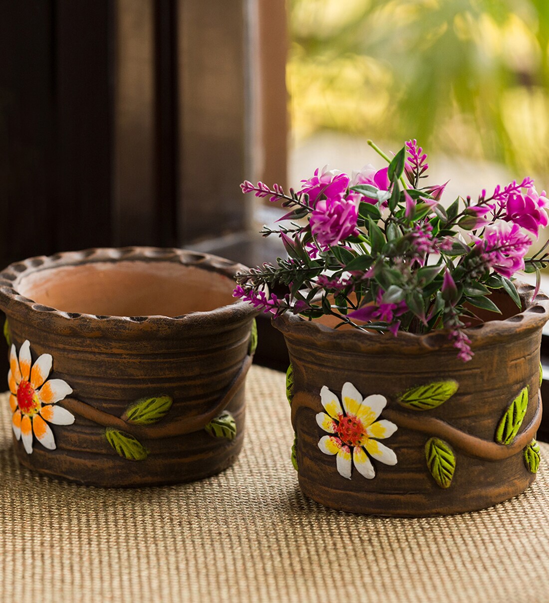 Buy Cedar Brown Terracotta Mud Blossom Pair Handpainted Desk Pot, Set ...