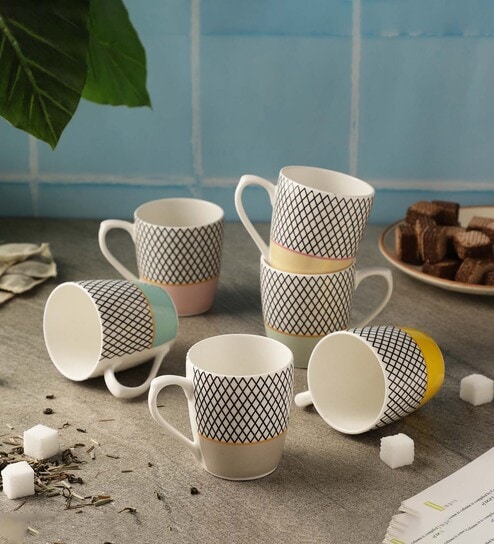 Buy Checkered 150ml Multicolour (Set of 6) Ceramic Coffee Mug Online ...