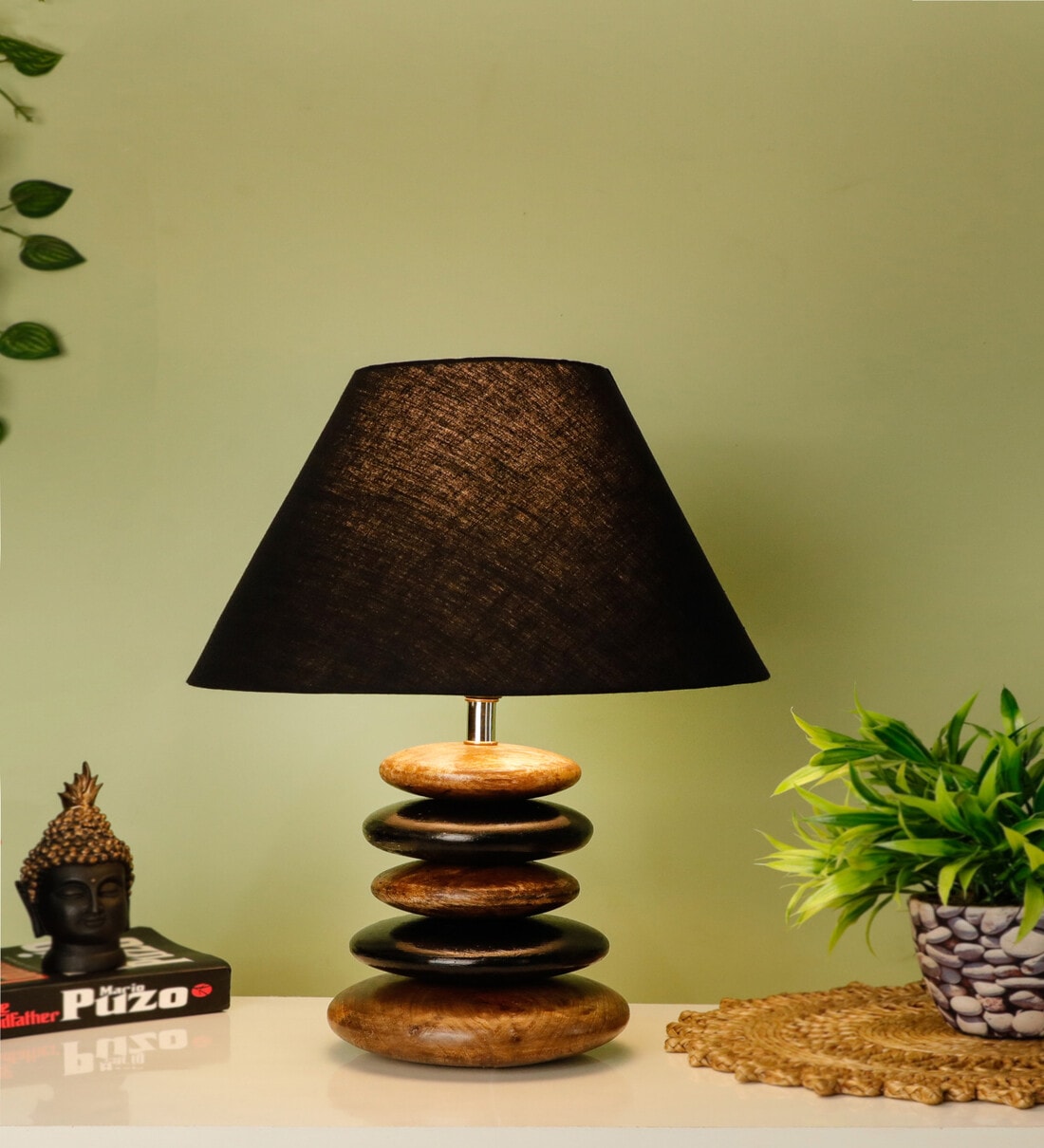 Buy Black Shade Wooden Stone Handmade Black Brown Table Lamp Online ...