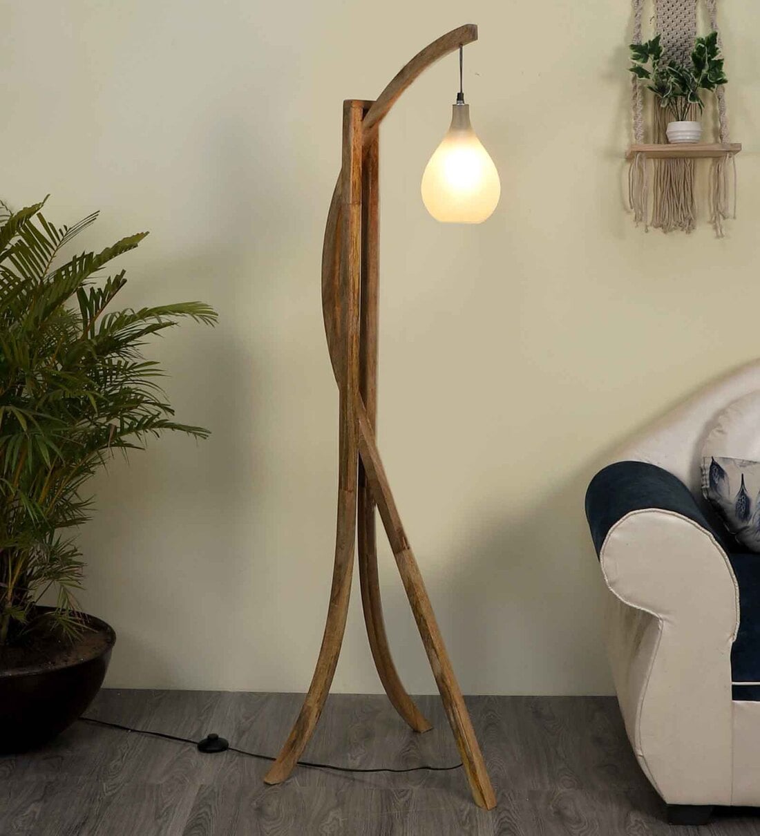Buy Transparent Glass Shade Tripod Floor Lamp With Wood Base By ...
