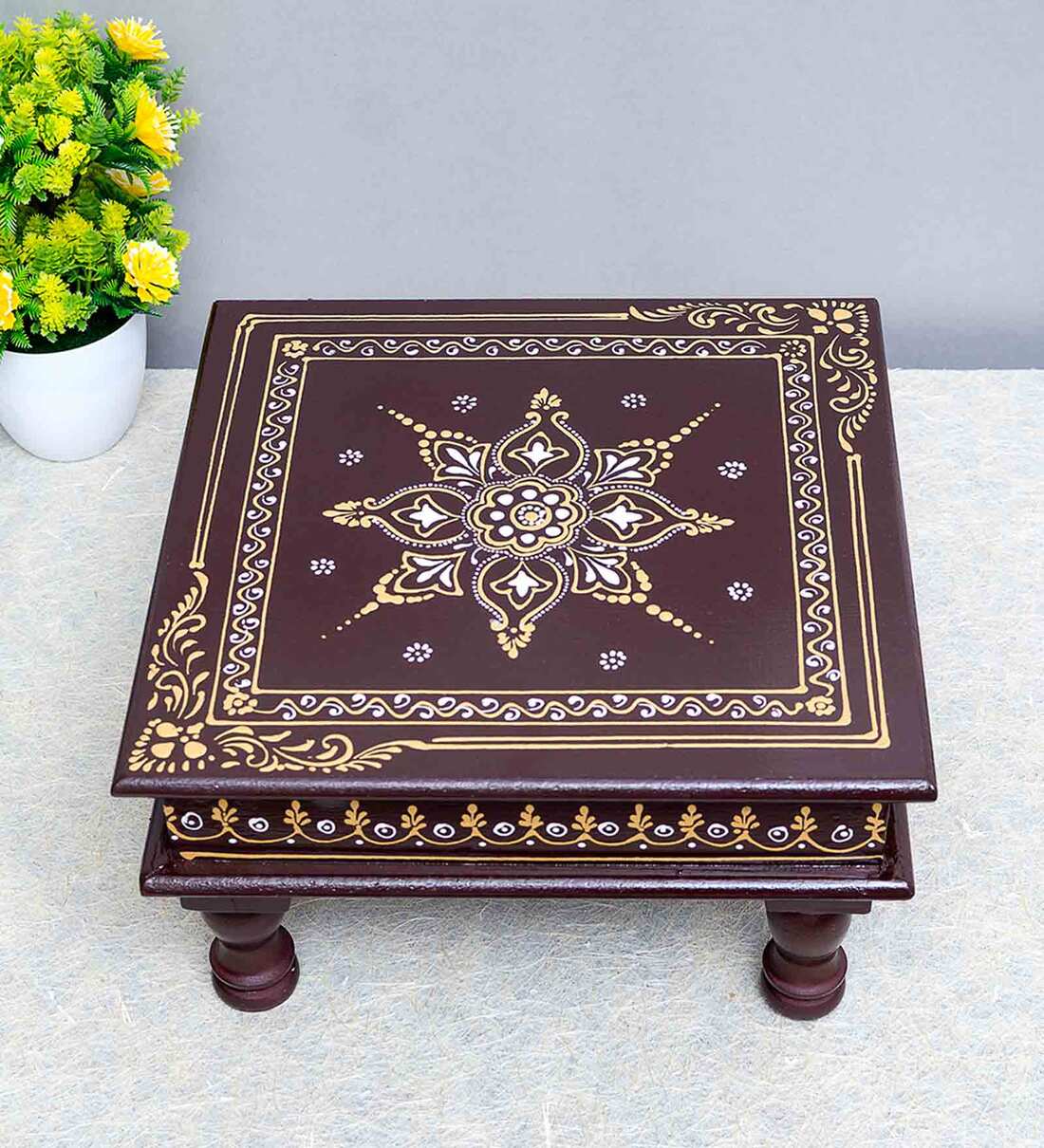 Buy Coffee Brown Hand Painted Wooden Pooja Chowki- By Golden Peacock ...
