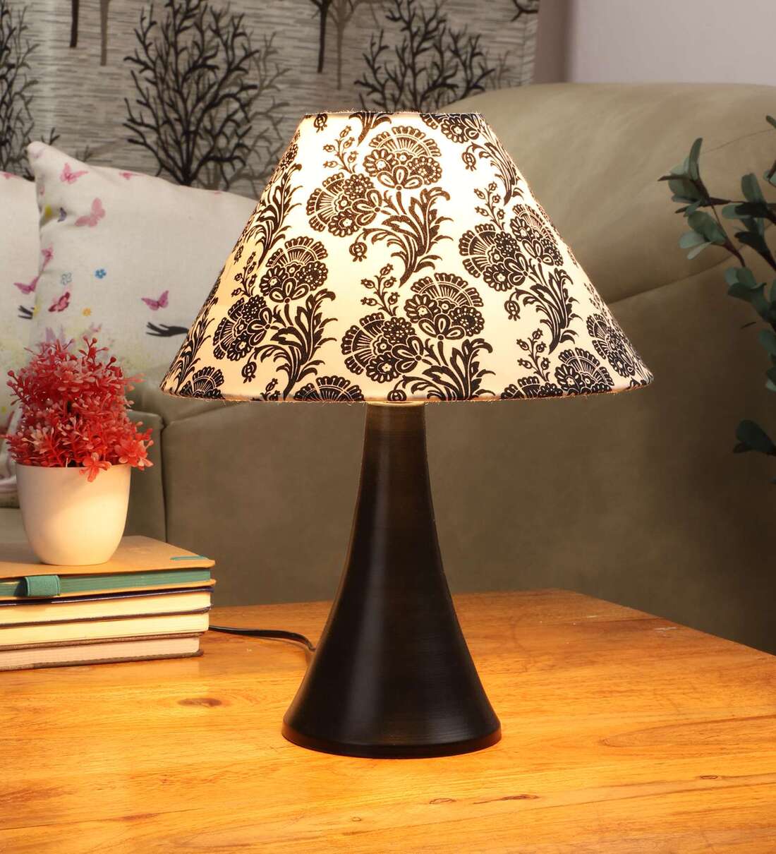 Buy conical Balck Metal Table Lamp with Filigree Print Shade by Tu Casa ...
