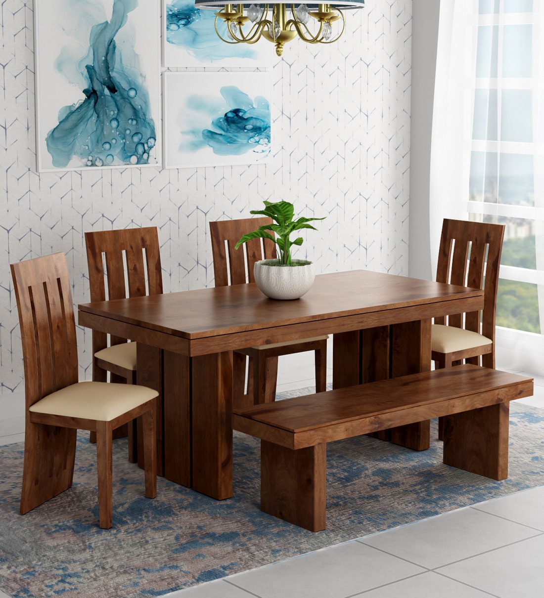 Roundhill Solid Sheesham Wood Dining Table Seater With Chair Set Wooden ...
