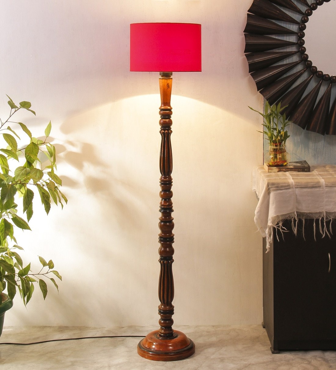 Buy Red Cotton Shade Club Floor Lamp With Wood Base By New Era Online ...