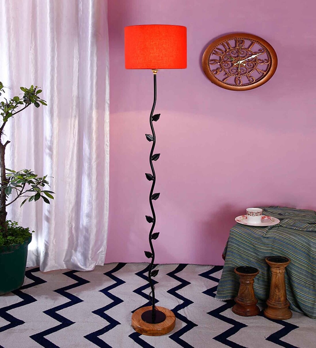 Buy Devansh Orange Drum Cotton Shade Leaf Floor Lamp With Wood Round ...