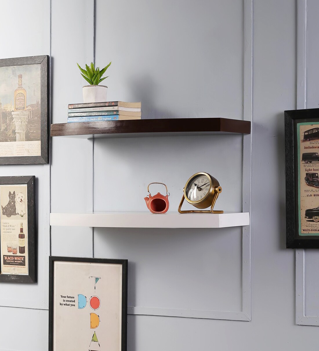 Buy Set Of 2 Engineered Wood Floating Book Shelf In White & Brown ...