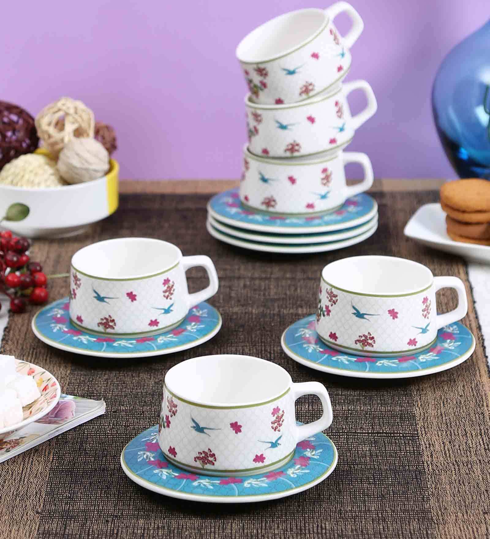 Buy Elegant 210ml White & Blue Ceramic (Set of 12) Tea Cup & Saucer Set ...