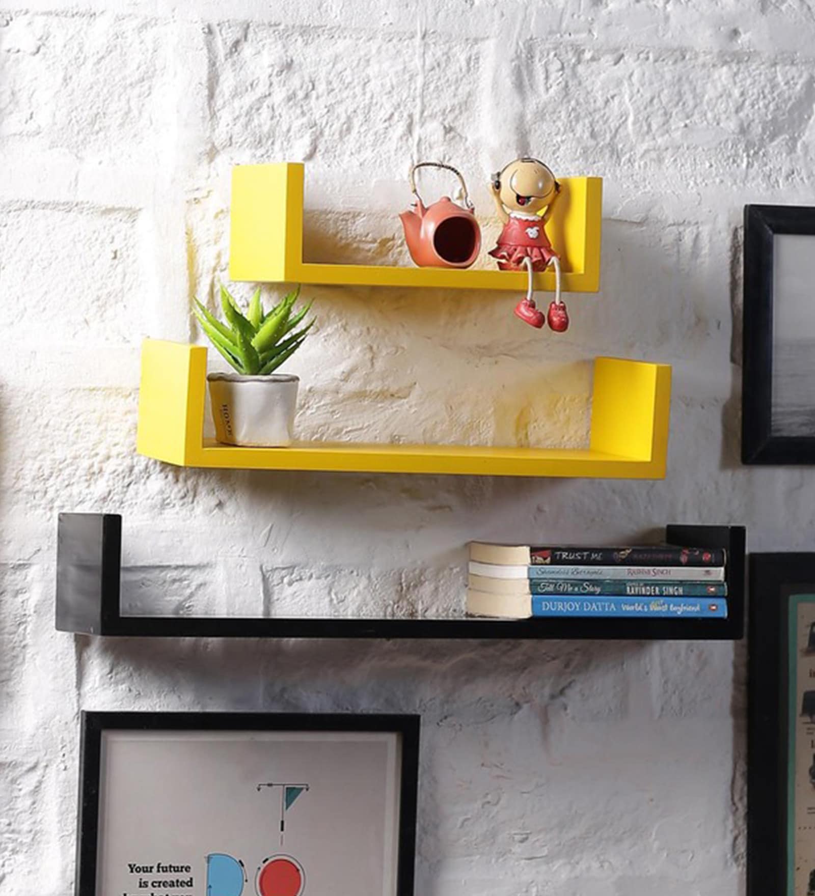 Buy Set Of 3 Engineered Wood Floating Book Shelf In Black & Yellow ...