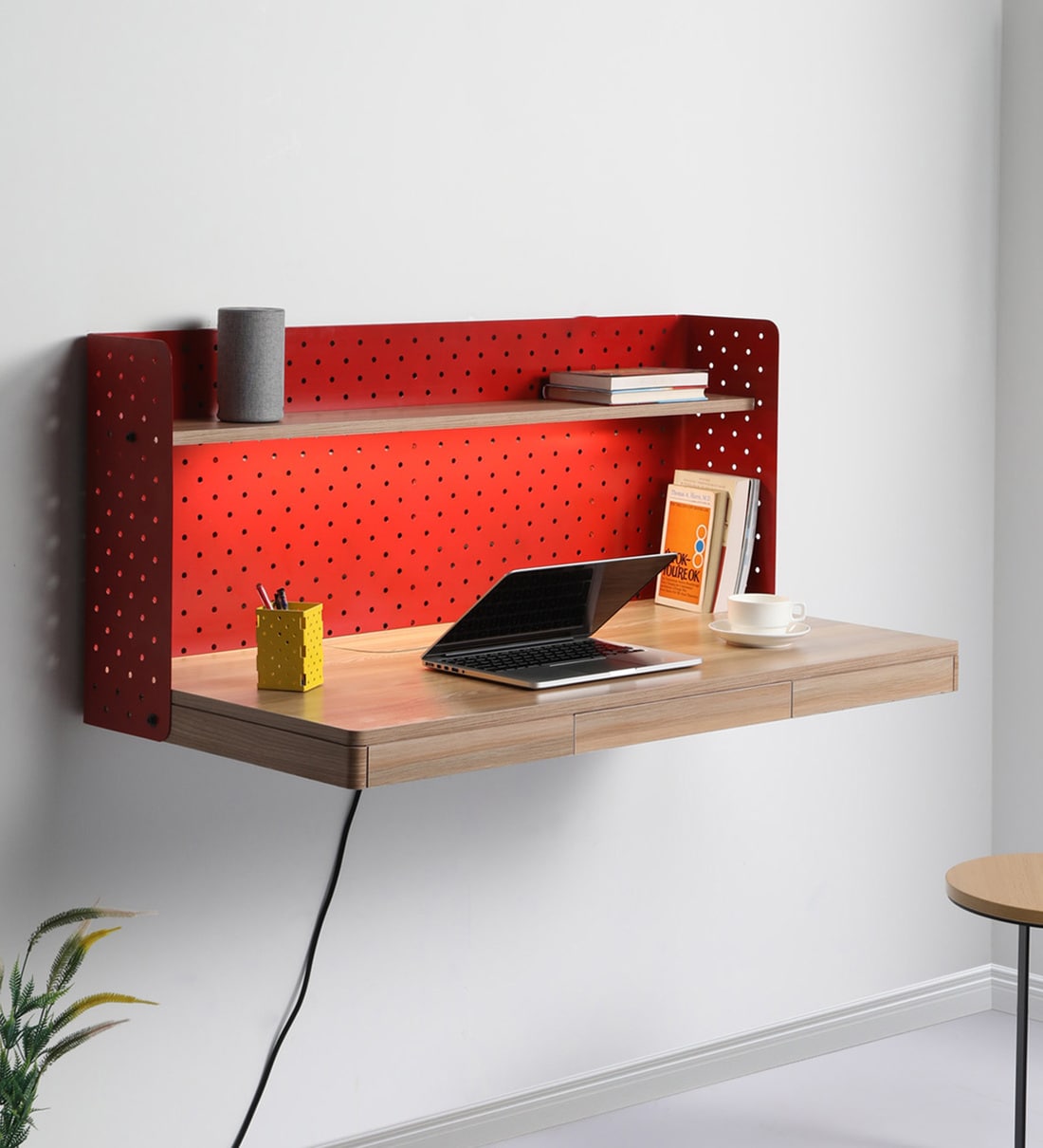 Buy Fold Wall Mounted Writing Table in Vermillion & Oakwood Finish by ...