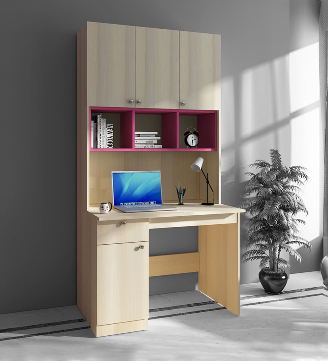 Buy Fusion Hutch Desk in Beige Teak & Pink Finish Online - Hutch Desks ...