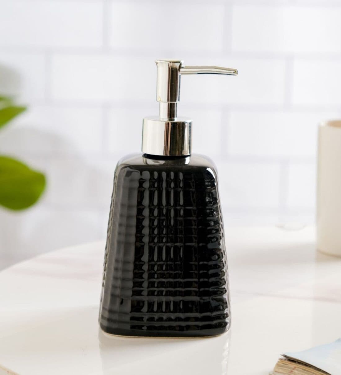 Buy Geometric Black Textured Ceramic Bath Dispenser with Silver Metal ...
