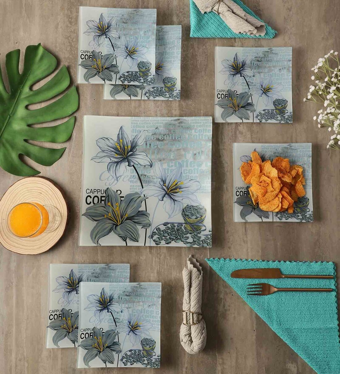 Buy Glossy 7 Pcs White & Blue Glass Dinnerware Set Online - Dinnerware ...