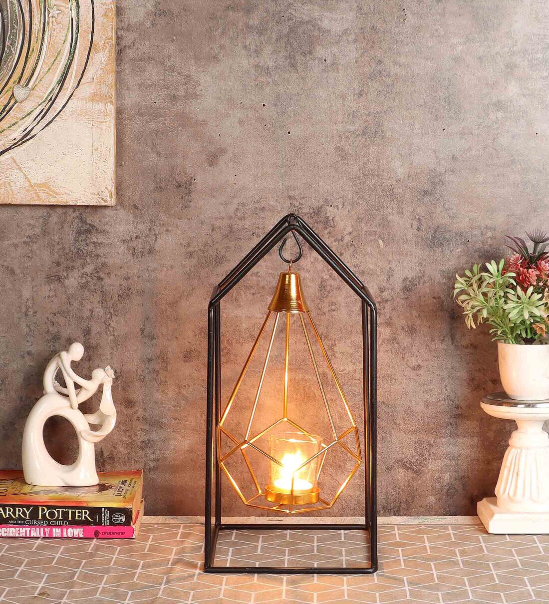 Buy Gold & Black Hut Shape Diamond Pendulam Tealight Holder With Glass ...