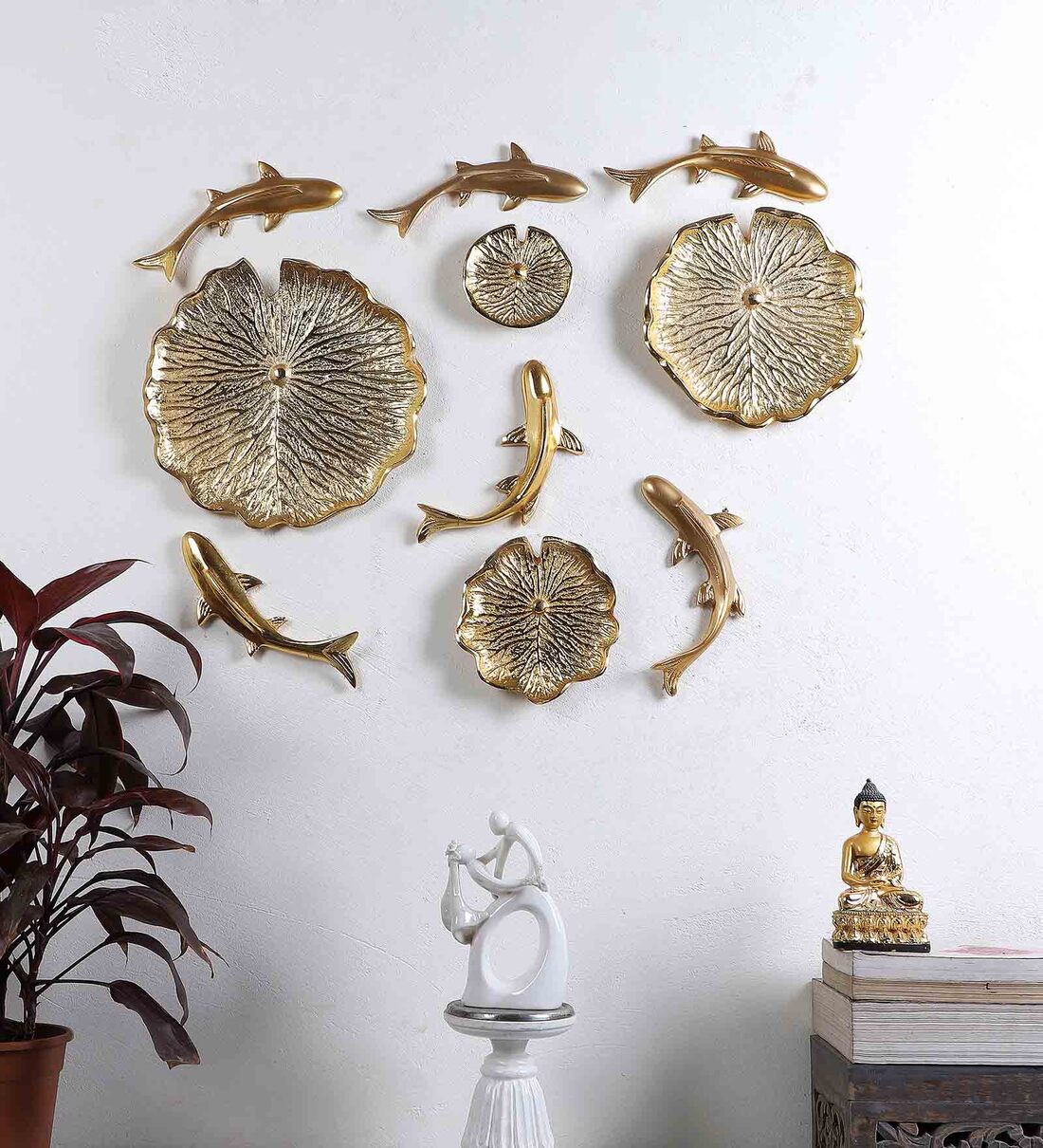 Buy Gold Aluminium Fish & Plate Wall Art Set of 10 by Amaya Decors ...