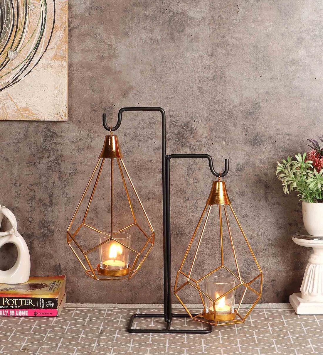 Buy Gold Double Diamond Pendulam Tealight Holder With Glass at 32% OFF ...