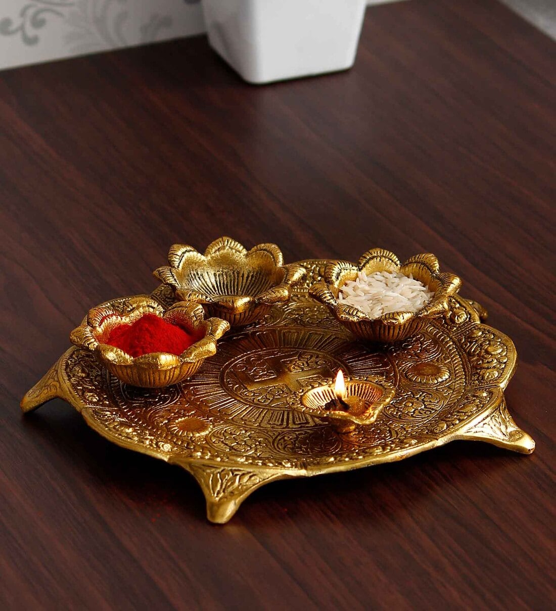Buy Golden Swastik Metal Pooja Thali With 3 Bowls And 1 Diya Online ...