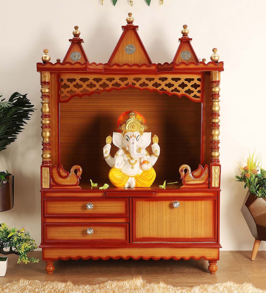 Buy Teak Wood Golden Mandir With Storage at 39% OFF by DZYN Furnitures ...